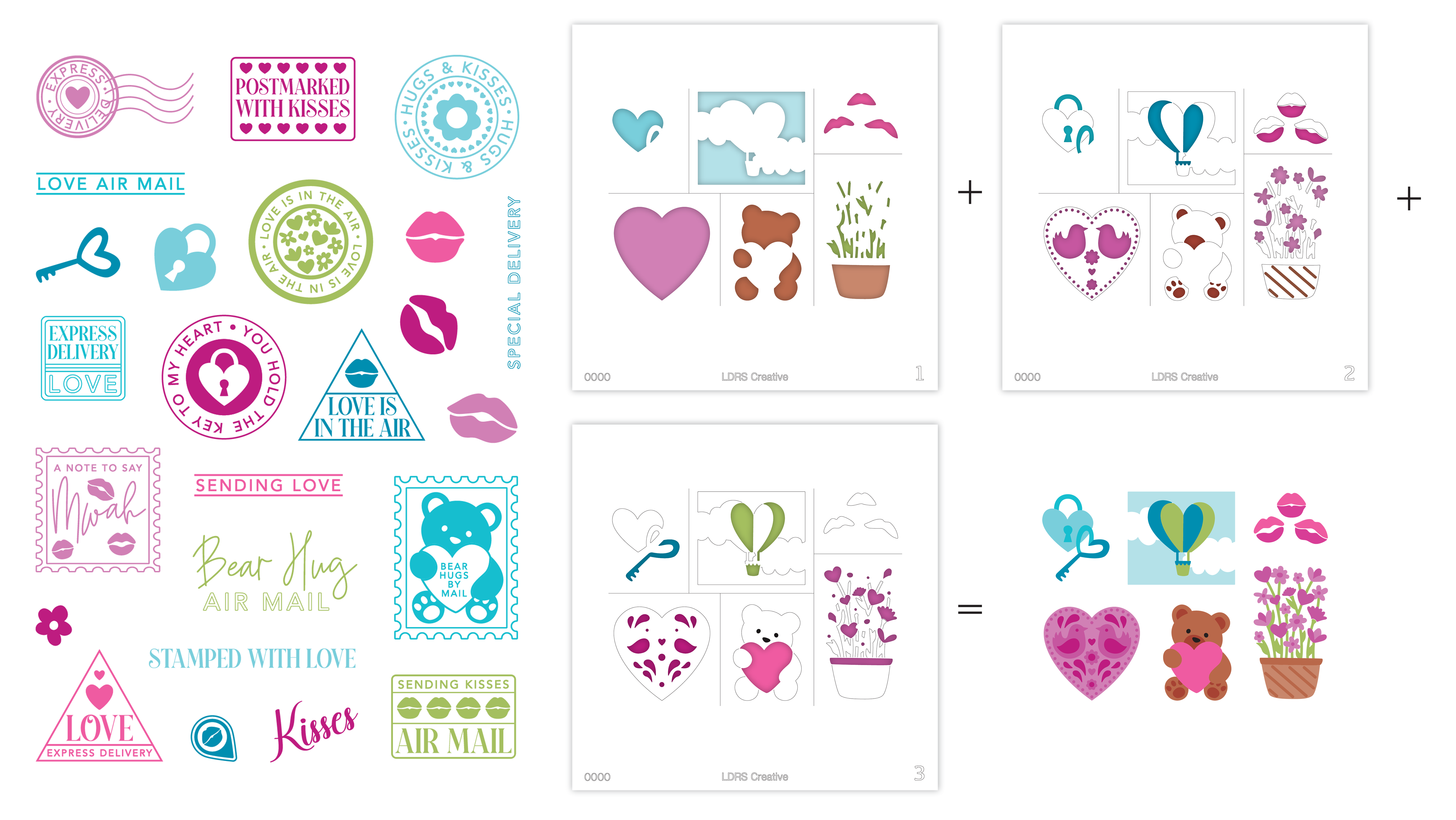 Hugs & Kisses Postage Collage Stamps and Layering Stencils Bundle ...